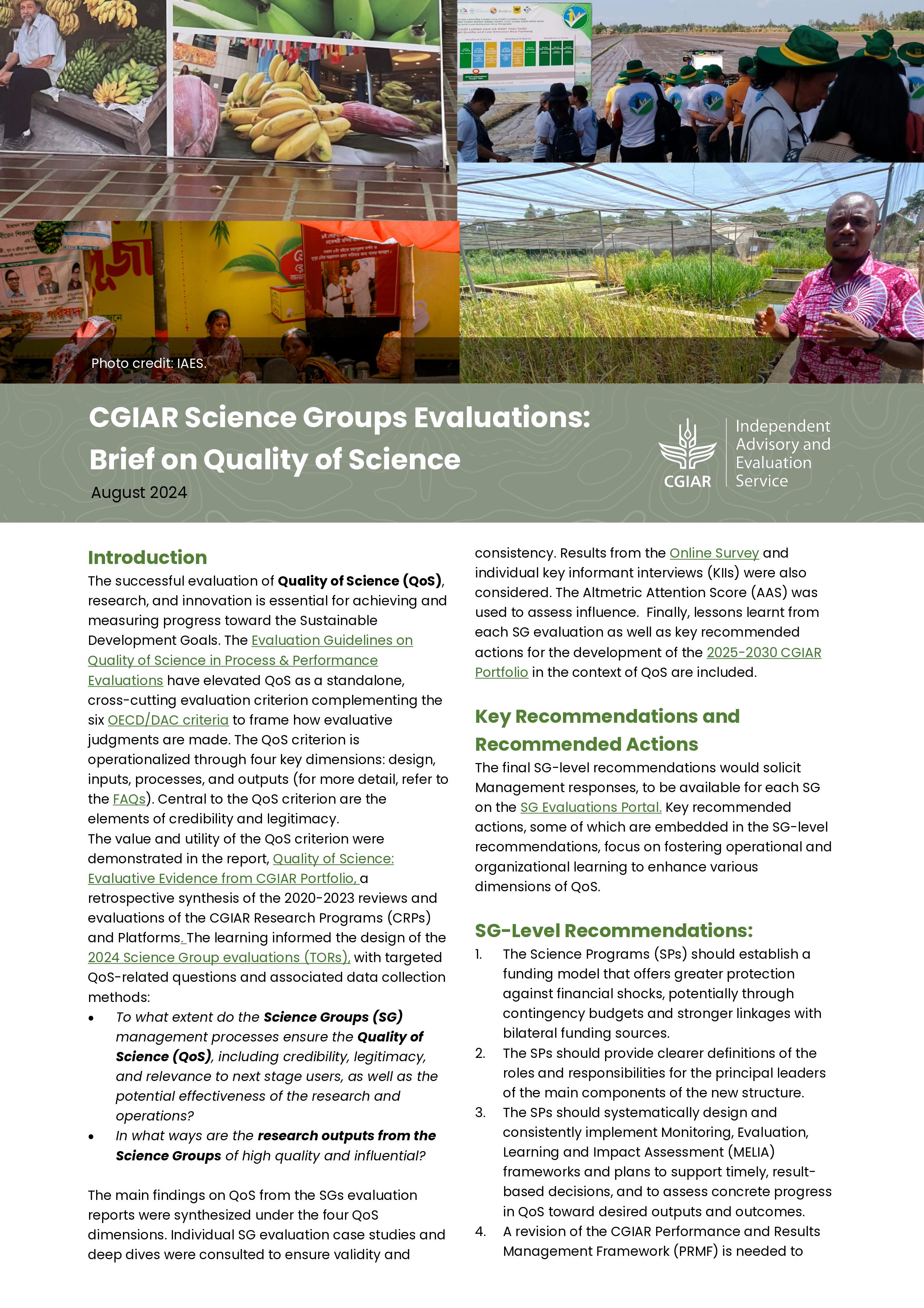 CGIAR Science Group Evaluations: Brief on Quality of Science | IAES ...
