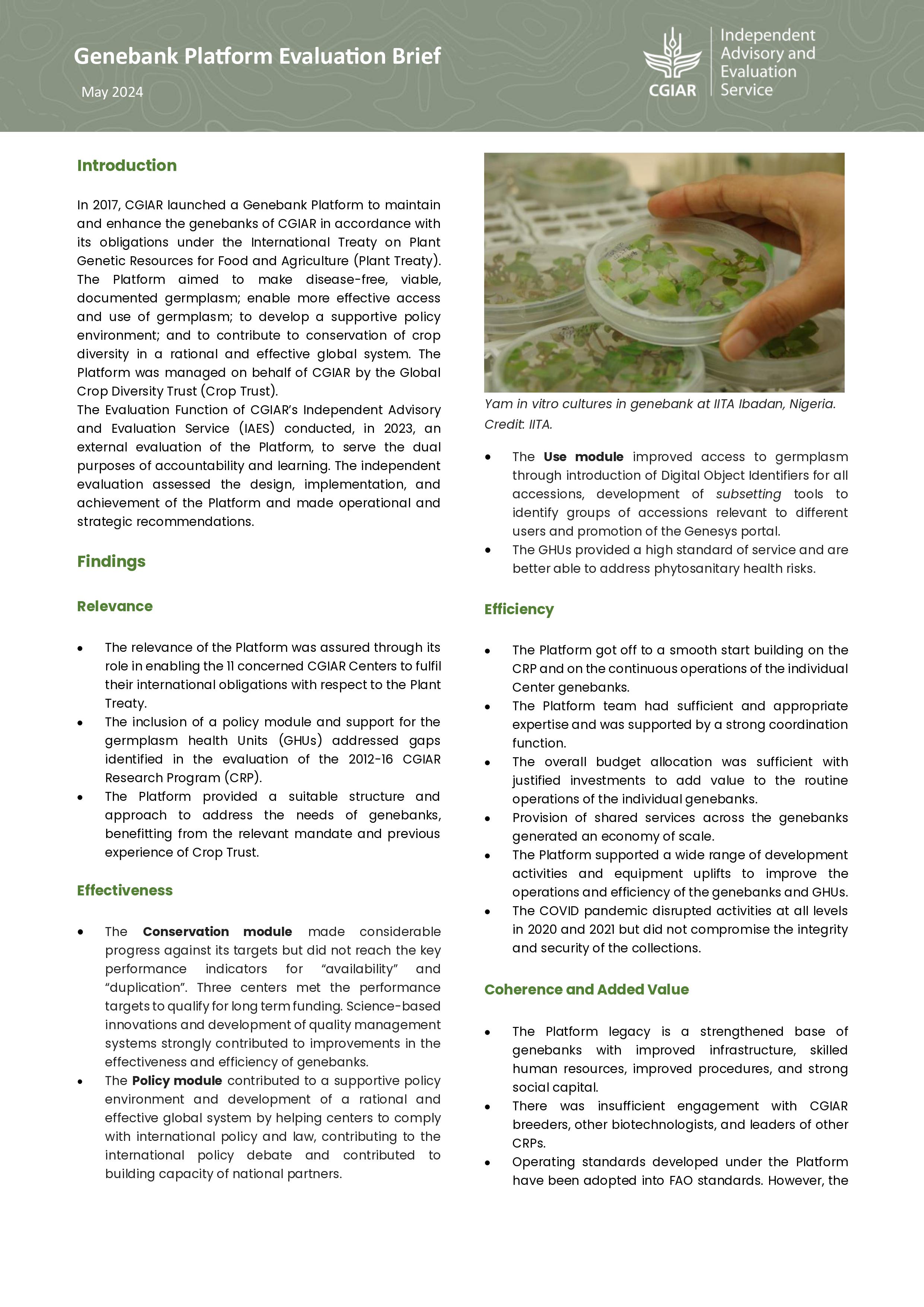 Genebank Platform Evaluation Brief | IAES | CGIAR Independent Advisory ...