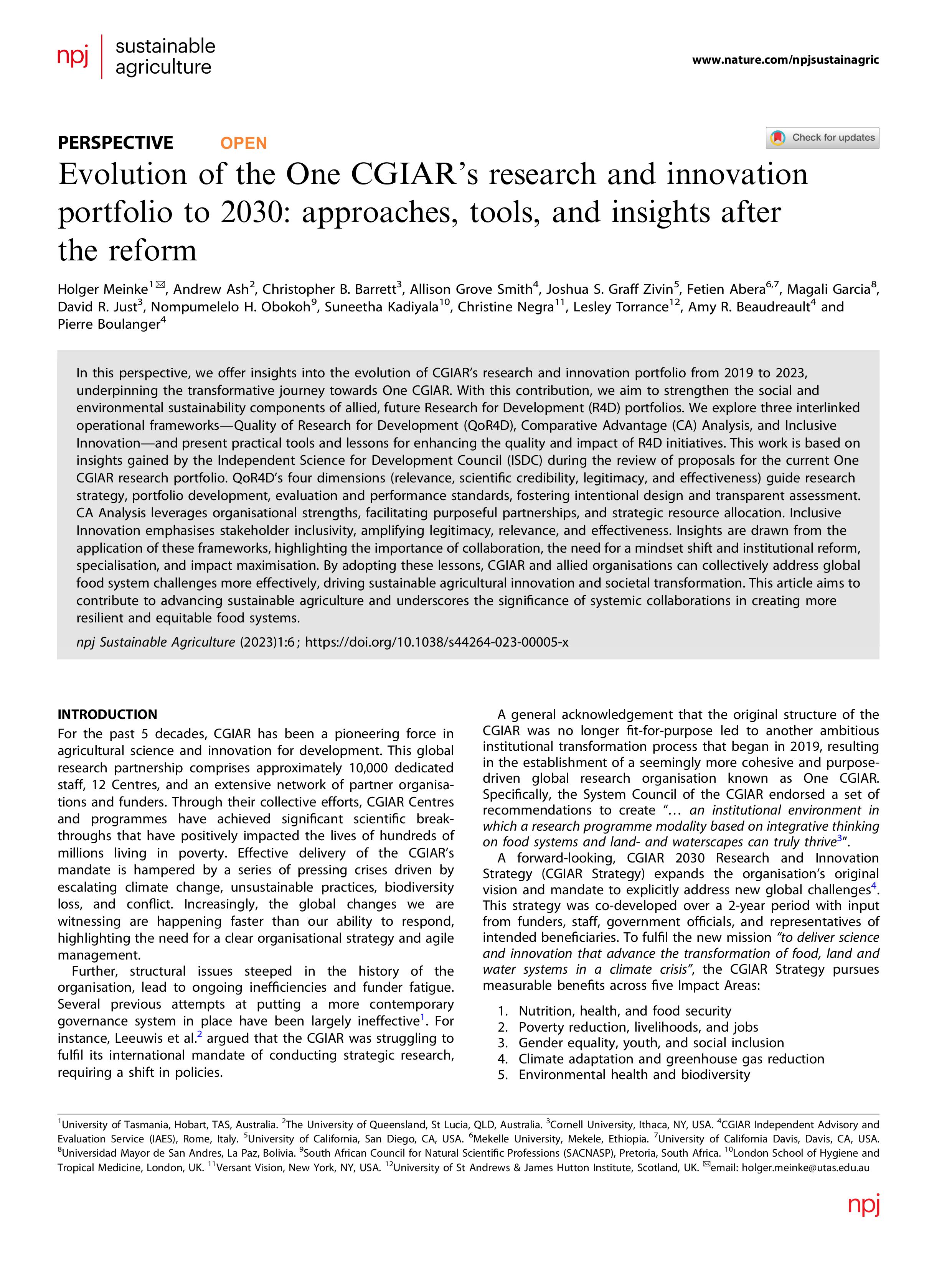 Evolution of the One CGIAR’s research and innovation portfolio to 2030: approaches, tools, and ...